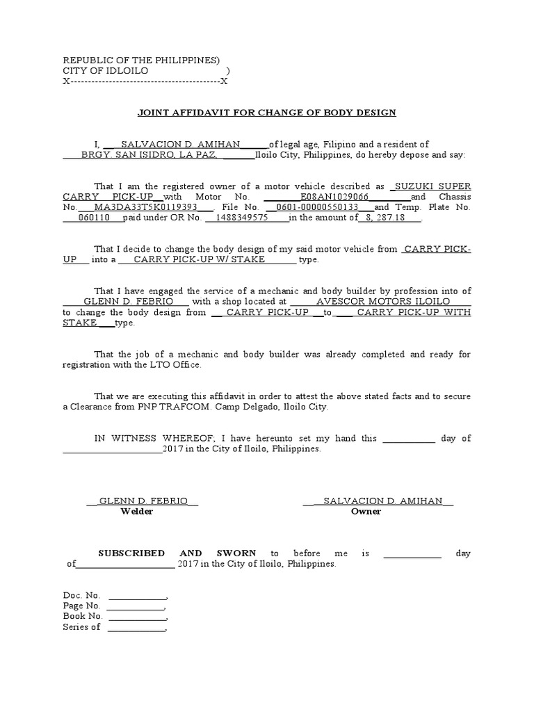 Joint Affidavit For Change of Body Design | PDF