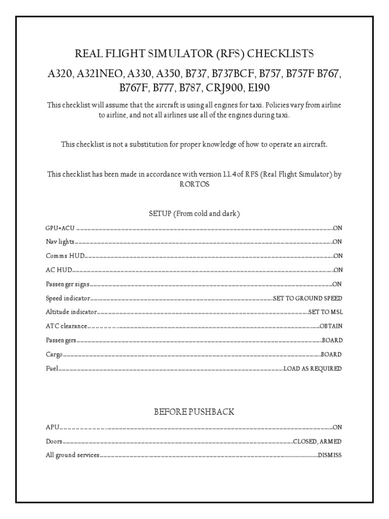 RFS Checklists - Twin Engine Jetliners | PDF | Aircraft | Airliner