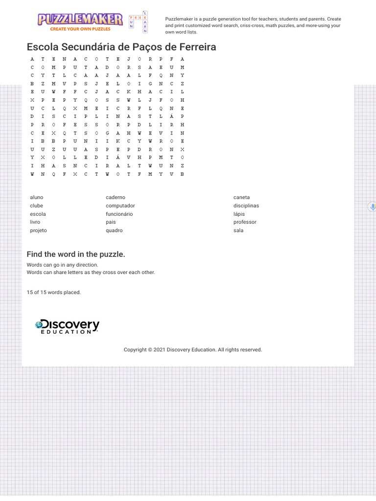 Word Search Puzzle - Discovery Education Puzzlemaker | PDF