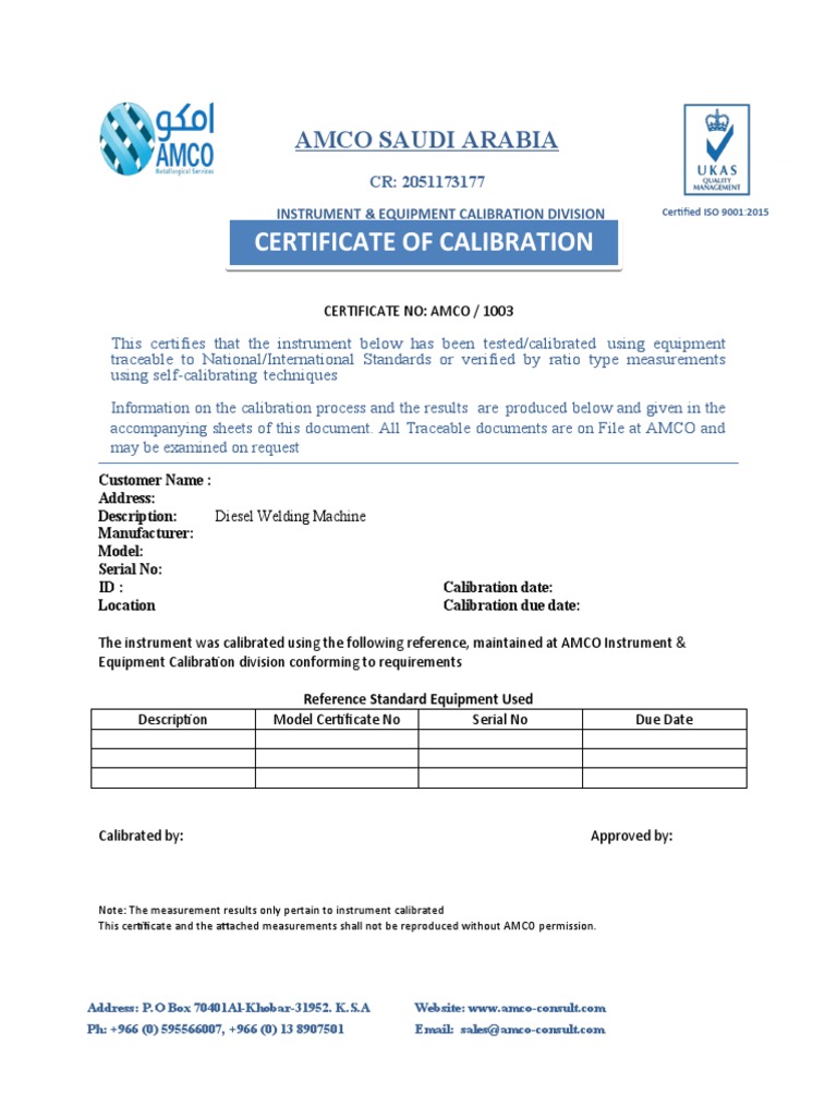 Diesel Welding Machine Calibration Certificate | PDF | Calibration ...