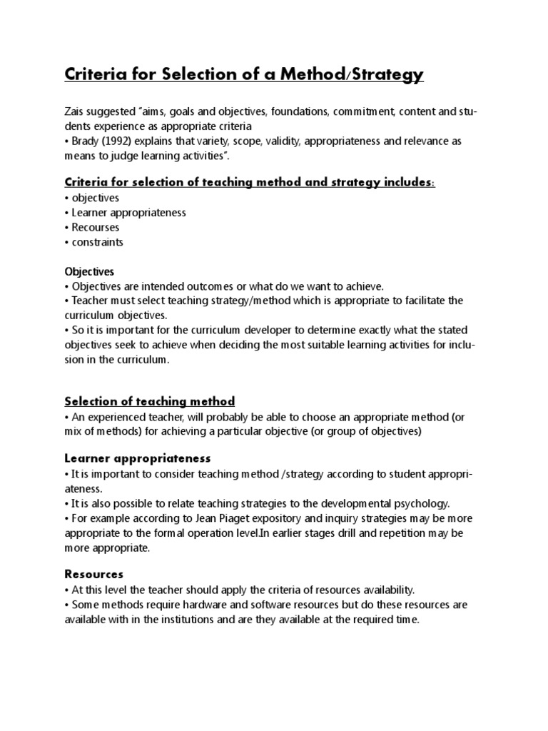 Criteria For Selection of Teaching Method and Strategy Includes | PDF ...
