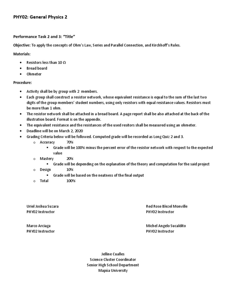 PHY02: General Physics 2: Performance Task 2 and 3: "Title" | PDF | Resistor | Network Analysis ...