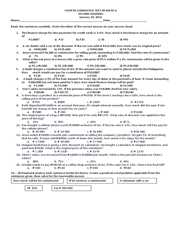 Math Test for Sixth Graders Covering Finance Concepts Such as Interest ...