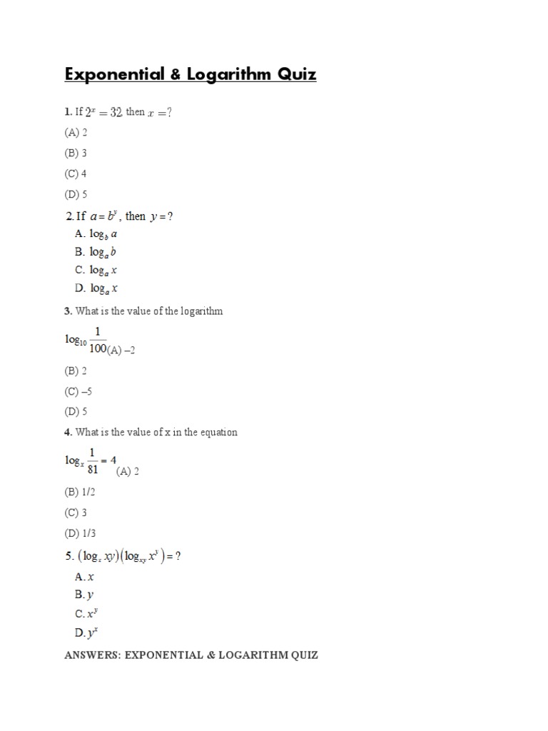 Exponential & Logarithm Quiz | PDF | Logarithm | Exponential Function