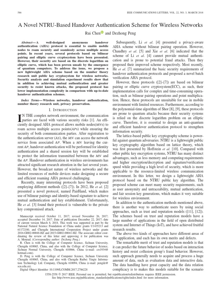A Novel NTRU-Based Handover Authentication Scheme For Wireless Networks ...