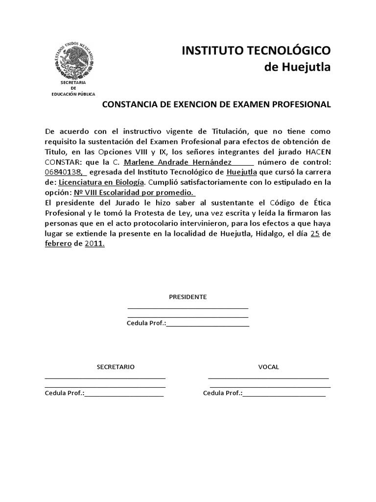 Constancia de Exencion de Examen Profesional | PDF