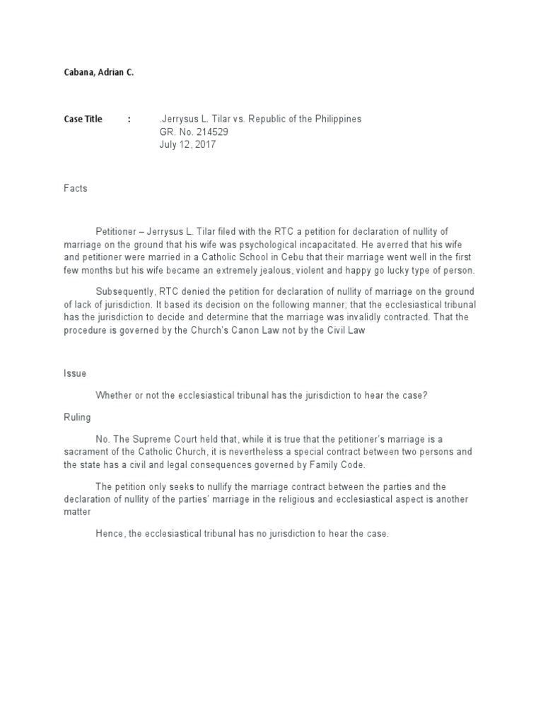 Tilar vs. Republic: Nullity of Marriage | PDF | Politics | Social Science