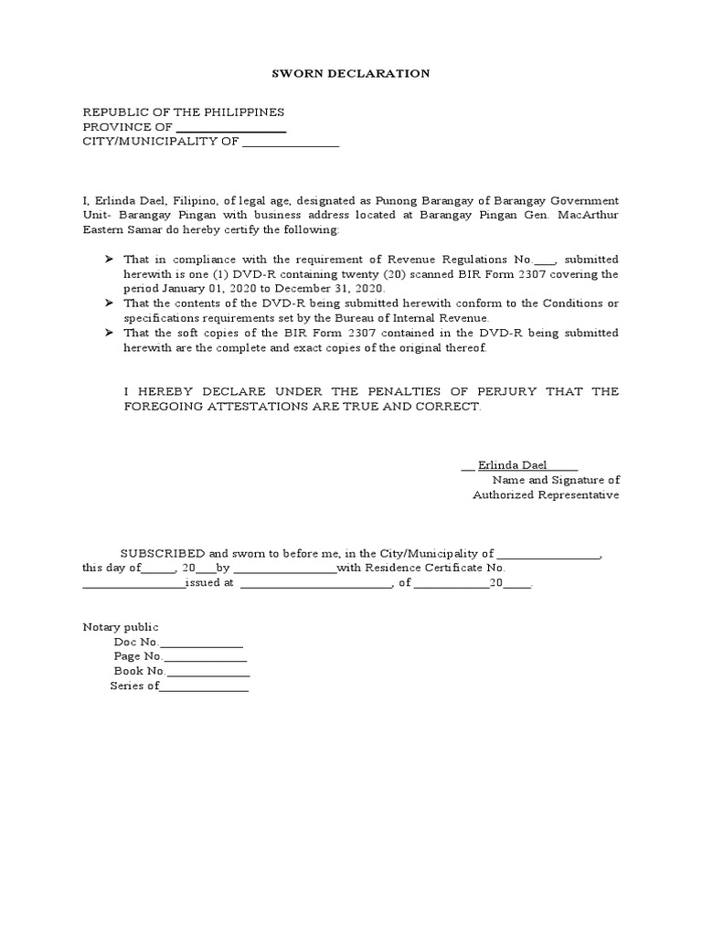 Sworn Declaration for BIR Form 2307 | PDF