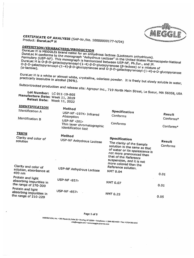 COA Anhydrous Lactose | PDF