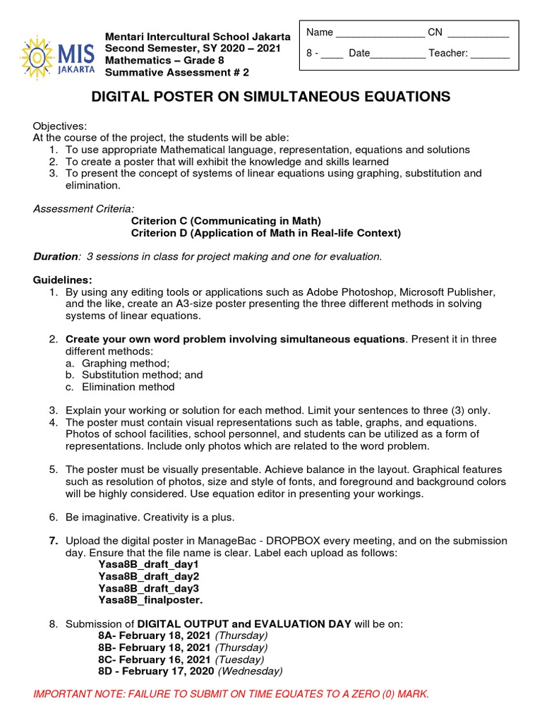 Digital Poster On Simultaneous Equations: Assessment Criteria | PDF ...