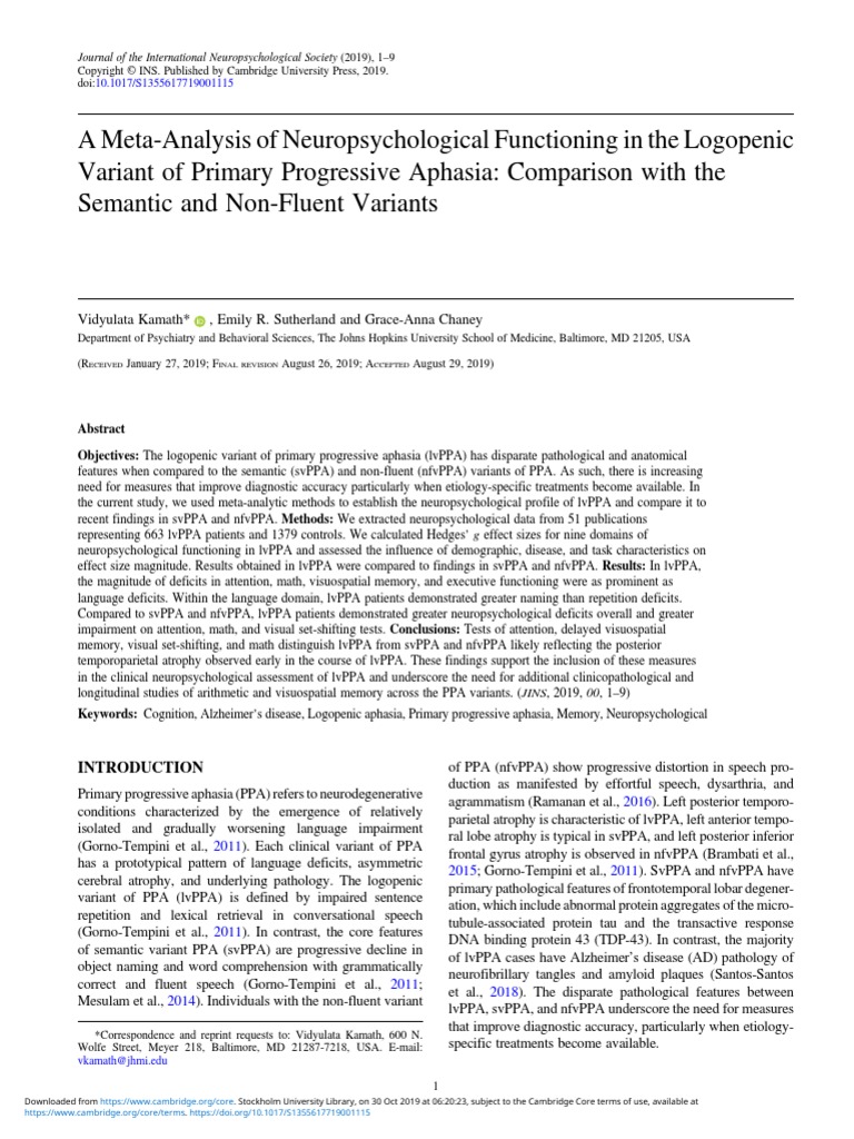 A Meta-Analysis of Neuropsychological Functioning in The Logopenic ...