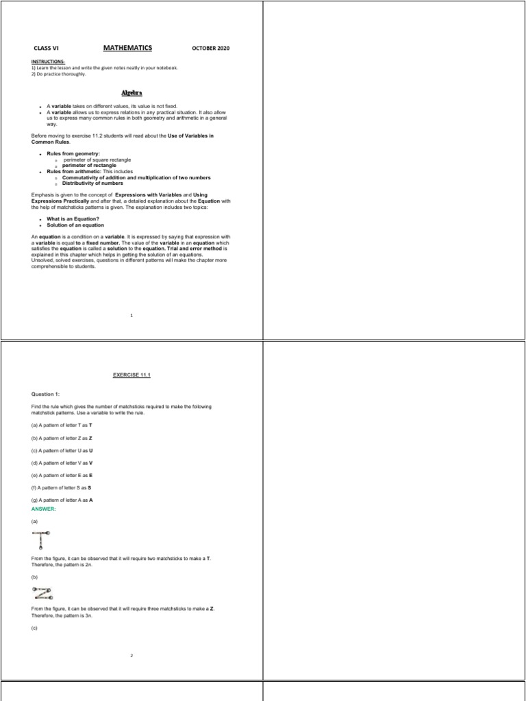 Class 6 Maths Notes (Algebra) | PDF | Circle | Algebra