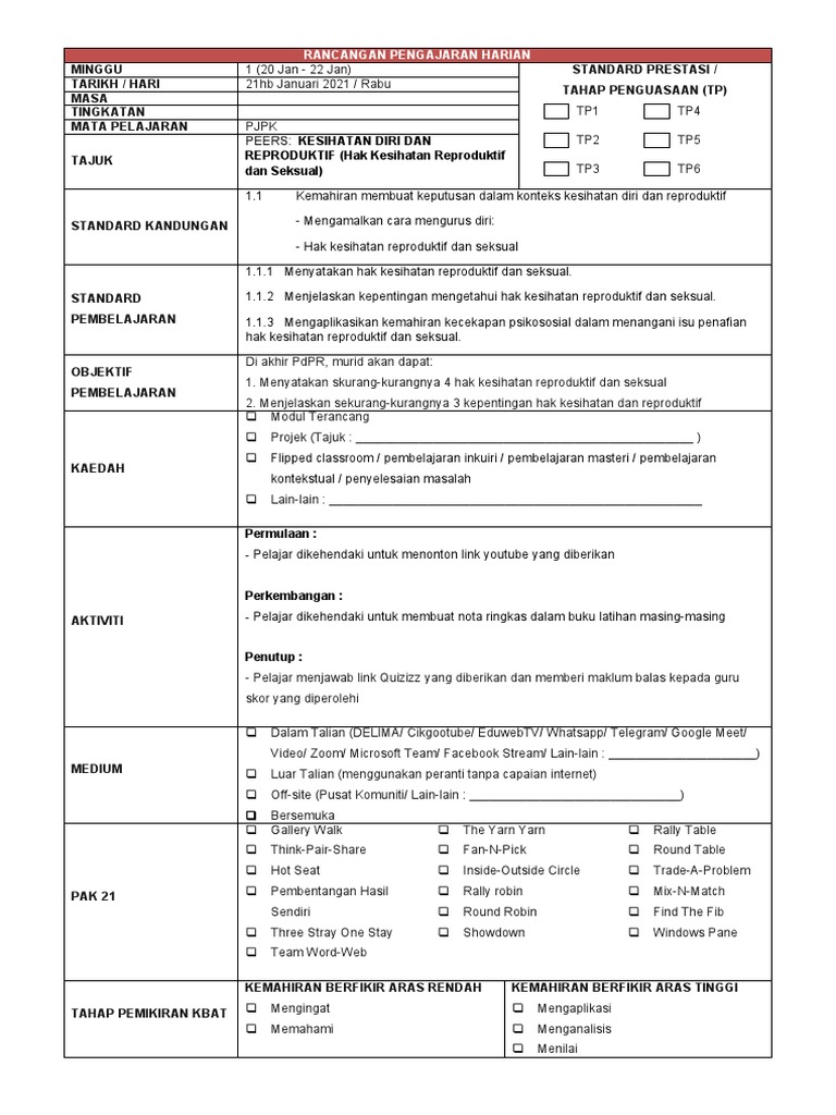 RPH PJK Ting 5 - Minggu 1 | PDF