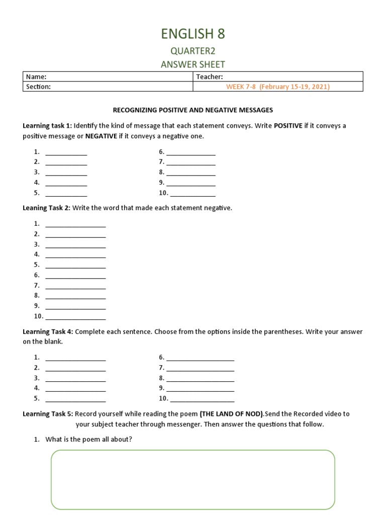 ENGLISH 8 Answer Sheet Week 7-8 | PDF