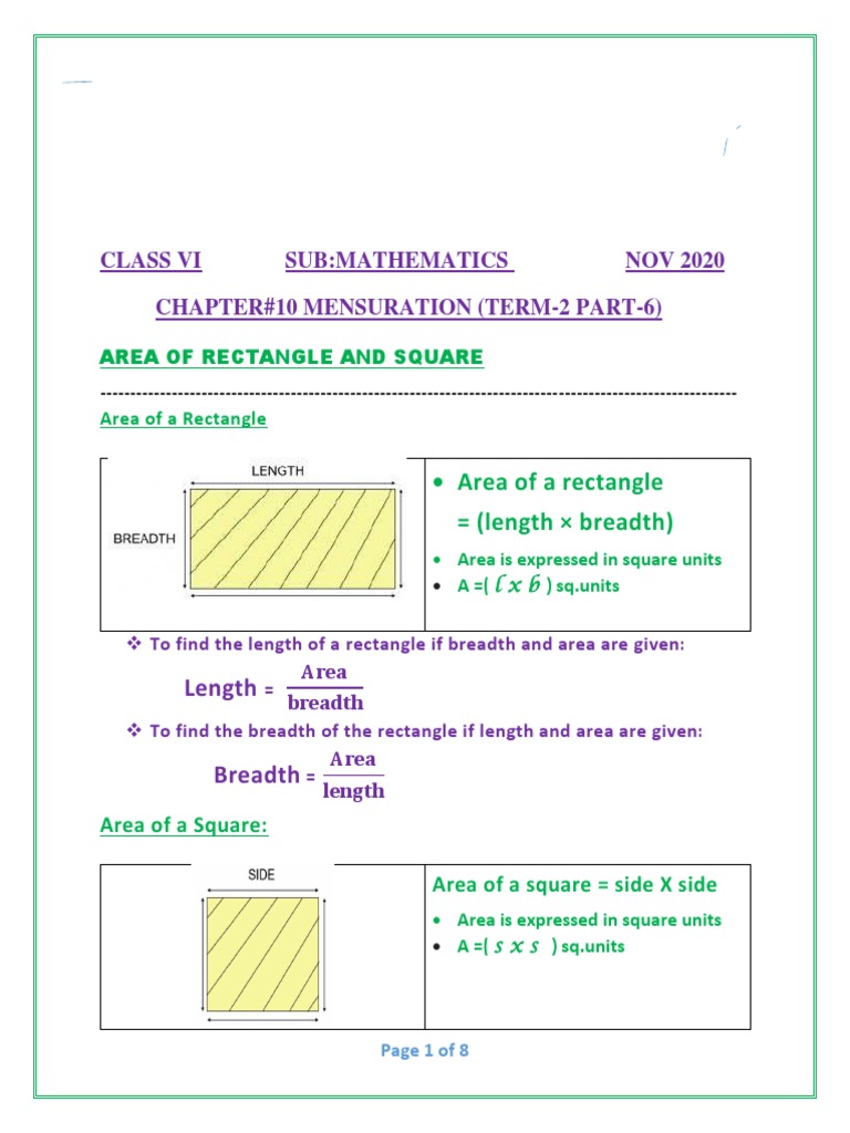 Class 6 Maths Notes (Mensuration) | PDF | Area | Length