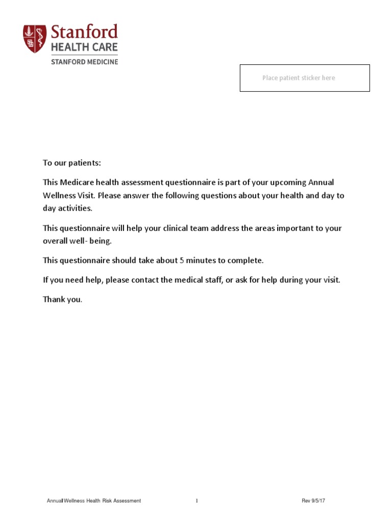 Medicare Annual Wellness Assessment Form | PDF | Psychological ...