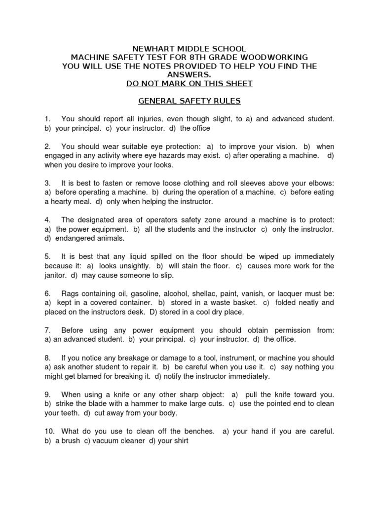 8th Grade Safety Test | PDF | Knife | Equipment