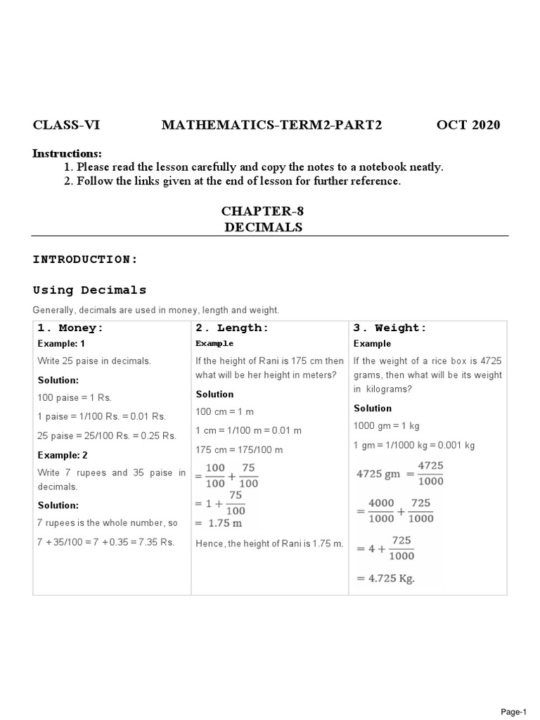 Class 6 Maths Notes Decimals | PDF | Numbers | Teaching Mathematics