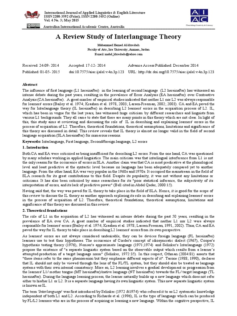 A Review Study of Interlanguage Theory | PDF | Second Language | Second ...