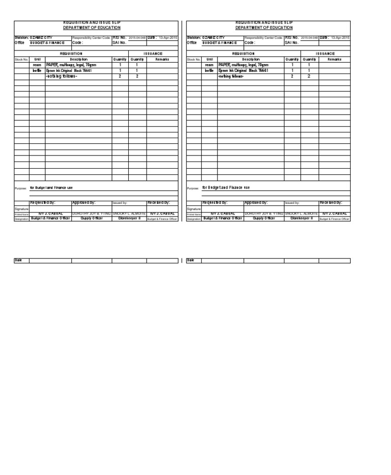Request and Issue Slip | PDF | Printing | Office Equipment