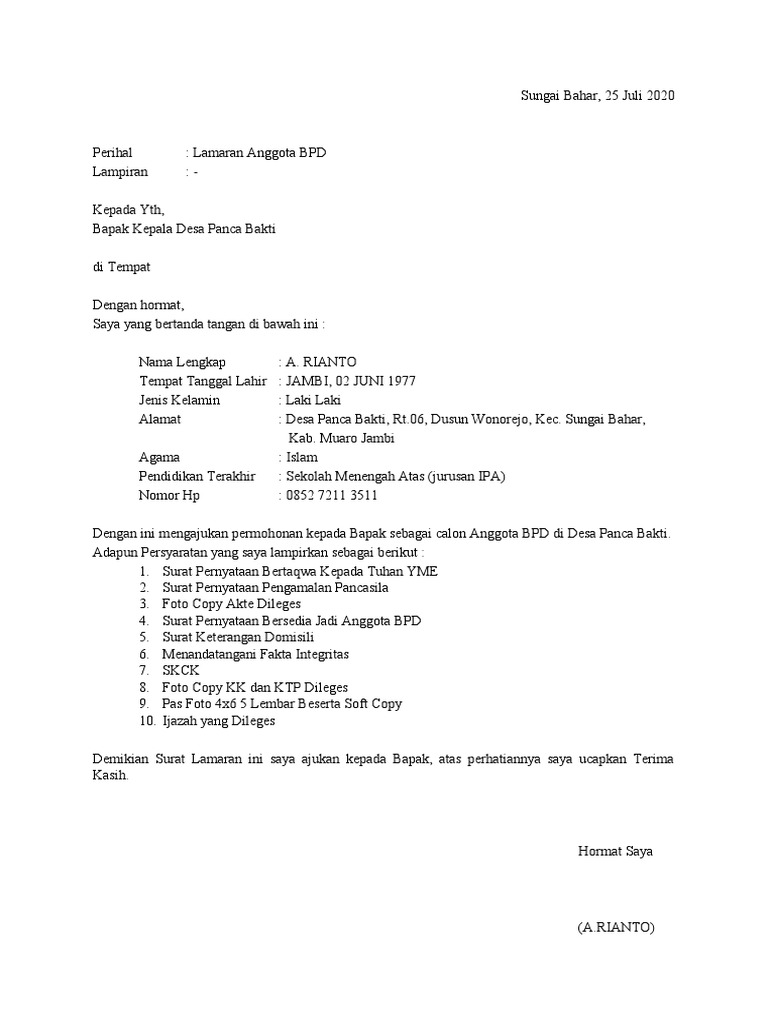 Surat Lamaran BPD | PDF