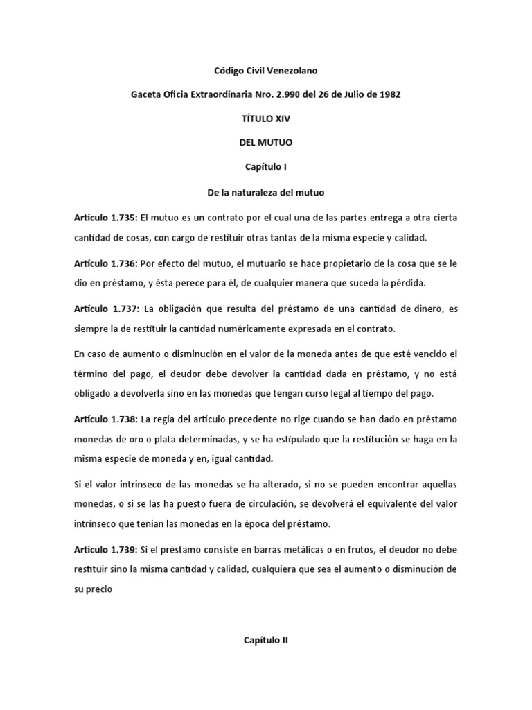 Código Civil Venezolano - Contrato de Mutuo y Comodato | PDF | Pagos ...