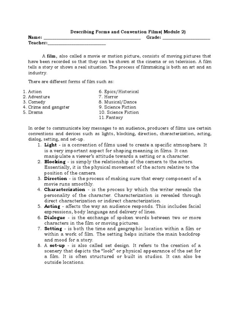 Film Forms and Conventions for Grade 6 | PDF | Actor | Entertainment