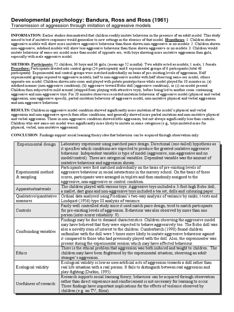 Developmental Psychology: Bandura, Ross and Ross (1961) | Download Free ...