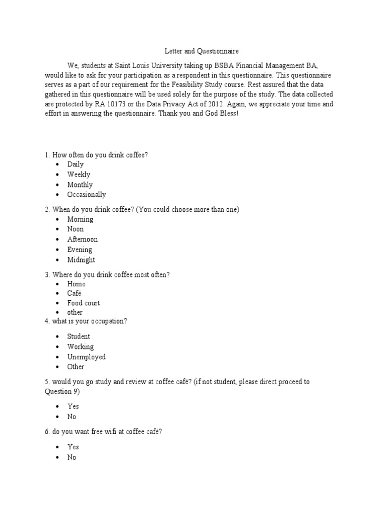Coffee Consumption Survey Questionnaire | PDF