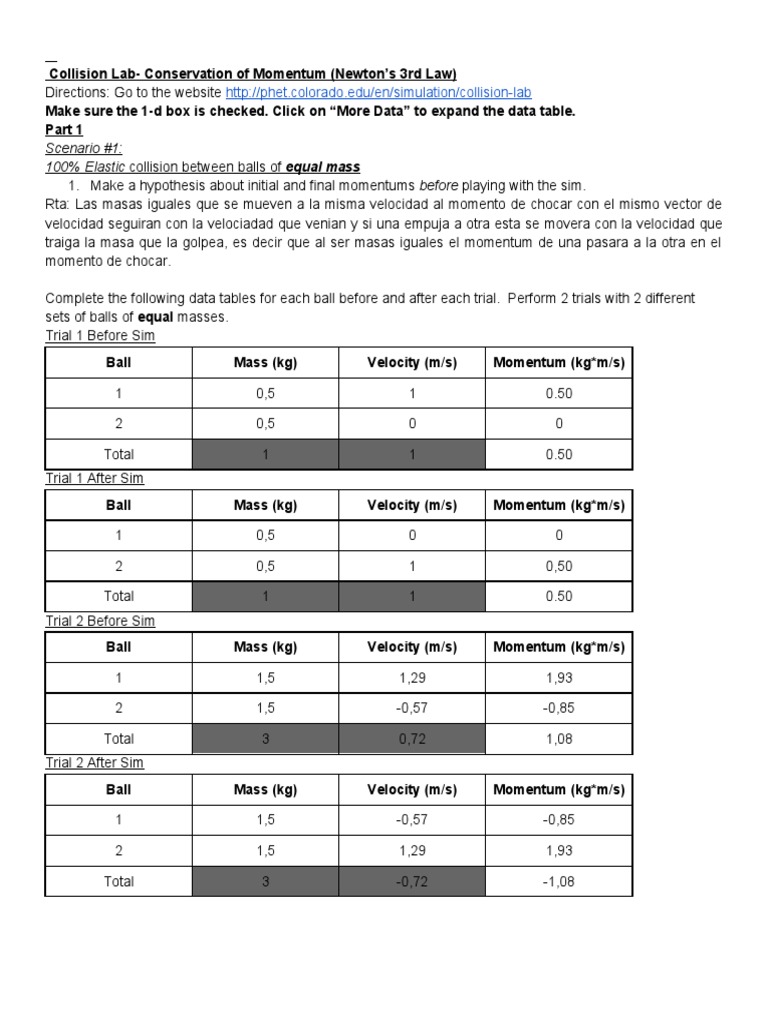 Collision Lab - Conservation of Momentum (Newton's 3rd Law) | PDF ...