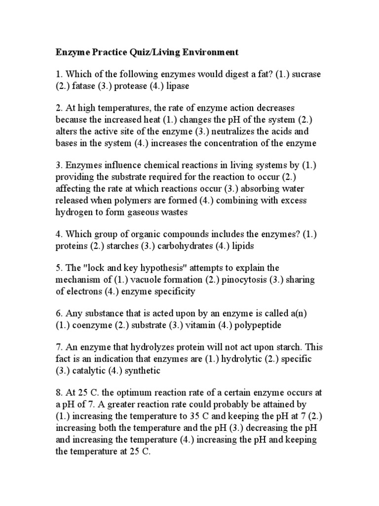 Enzyme Practice Quiz Questions and Answers | PDF | Hydrolysis | Enzyme