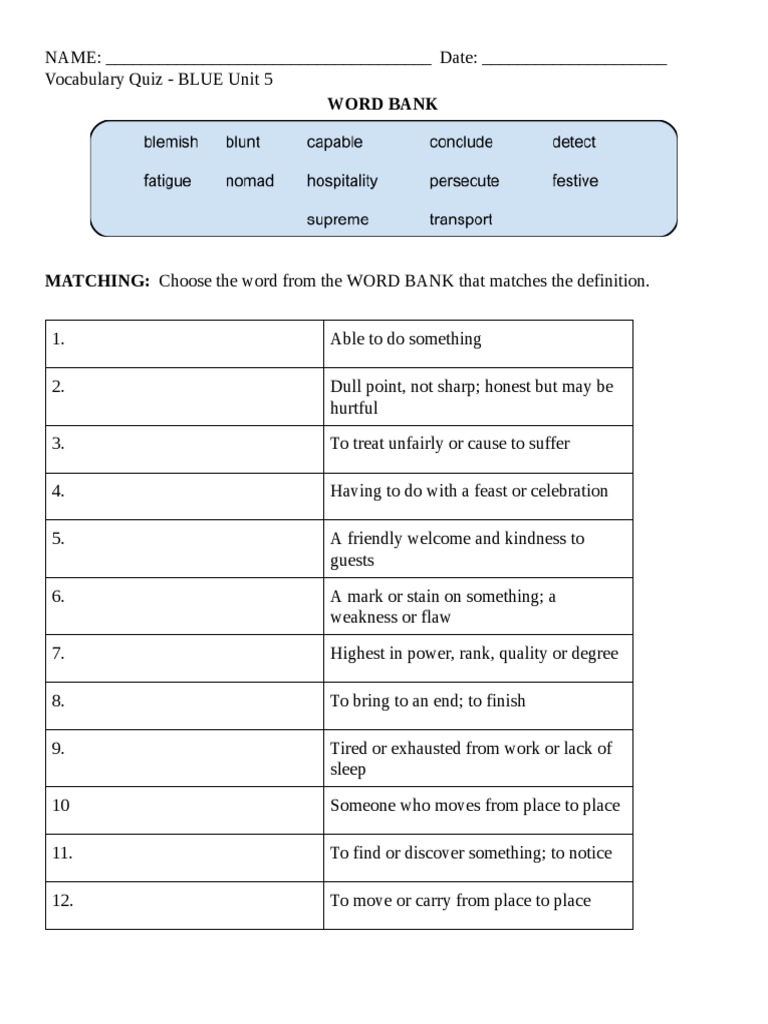Blue Vocab 5 Quiz | PDF