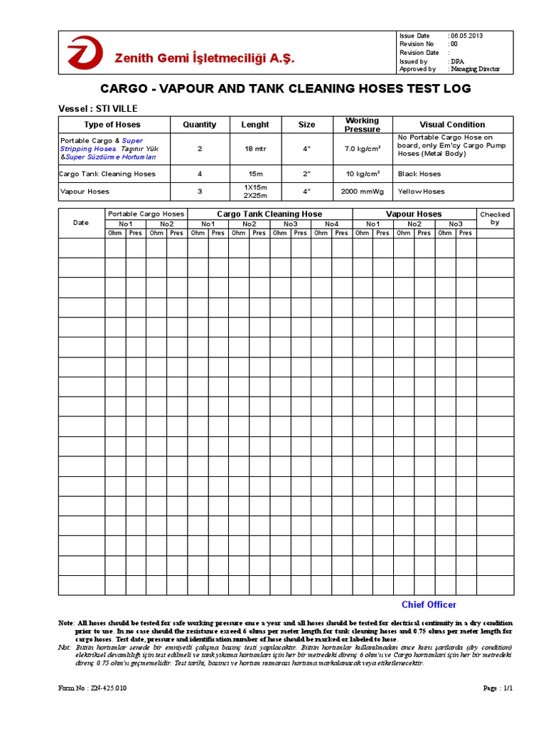 425.010 Vapor&Cgo & Tank Clean Hoses Test Log. | PDF | Gases | Physics