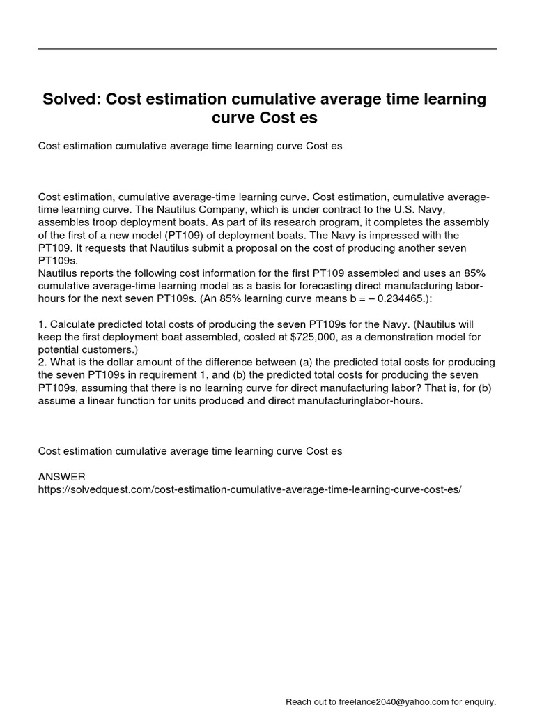 Cost Estimation Cumulative Average Time Learning Curve Cost Es | PDF