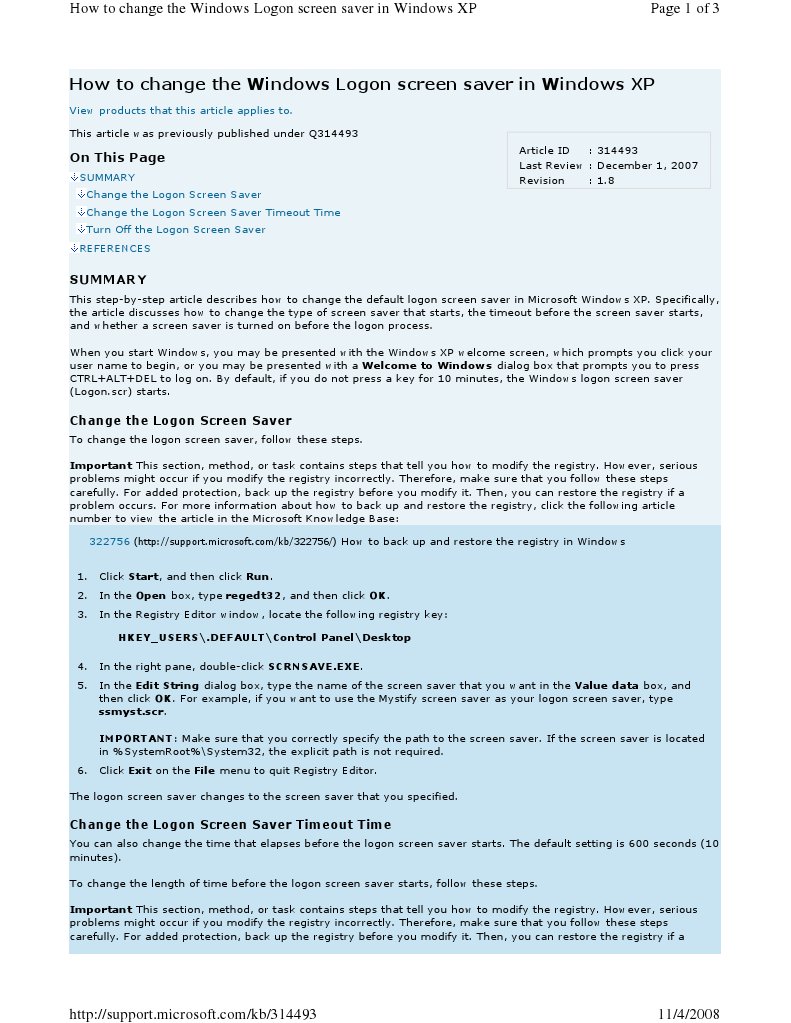How To Change The Windows Logon Screen Saver in Windows XP | PDF ...