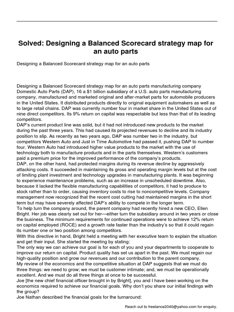 Designing A Balanced Scorecard Strategy Map For An Auto Parts | PDF ...
