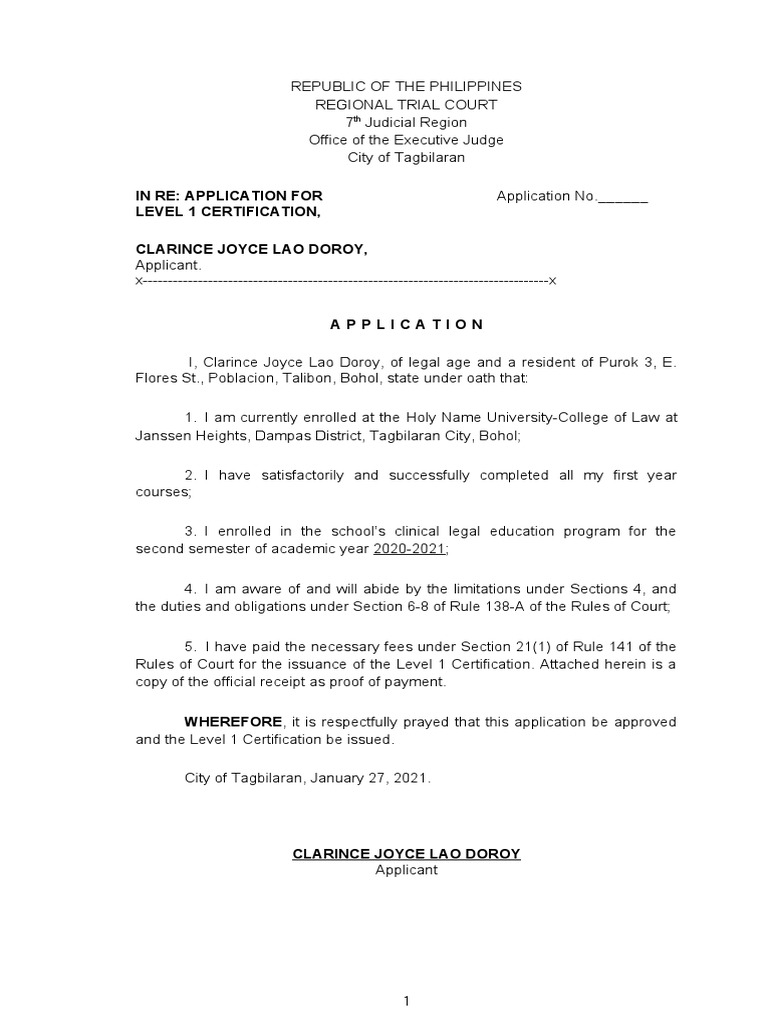 In Re: Application For Level 1 Certification, Clarince Joyce Lao Doroy ...