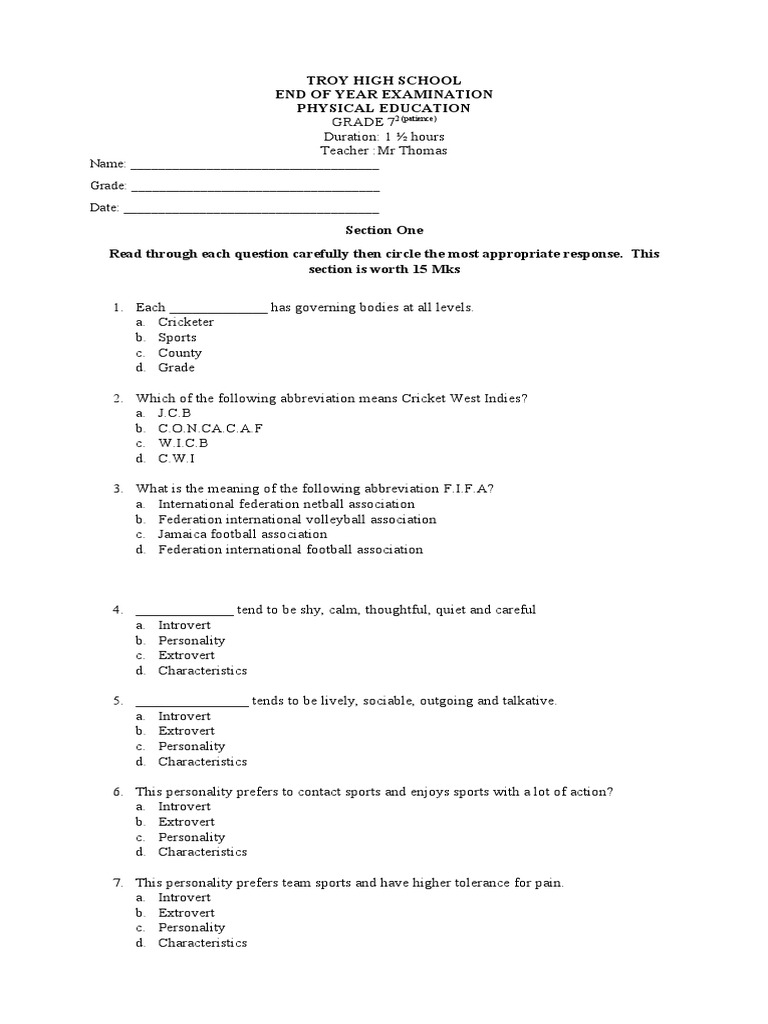 7th Grade Physical Education Exam Guide | PDF | Extraversion And ...