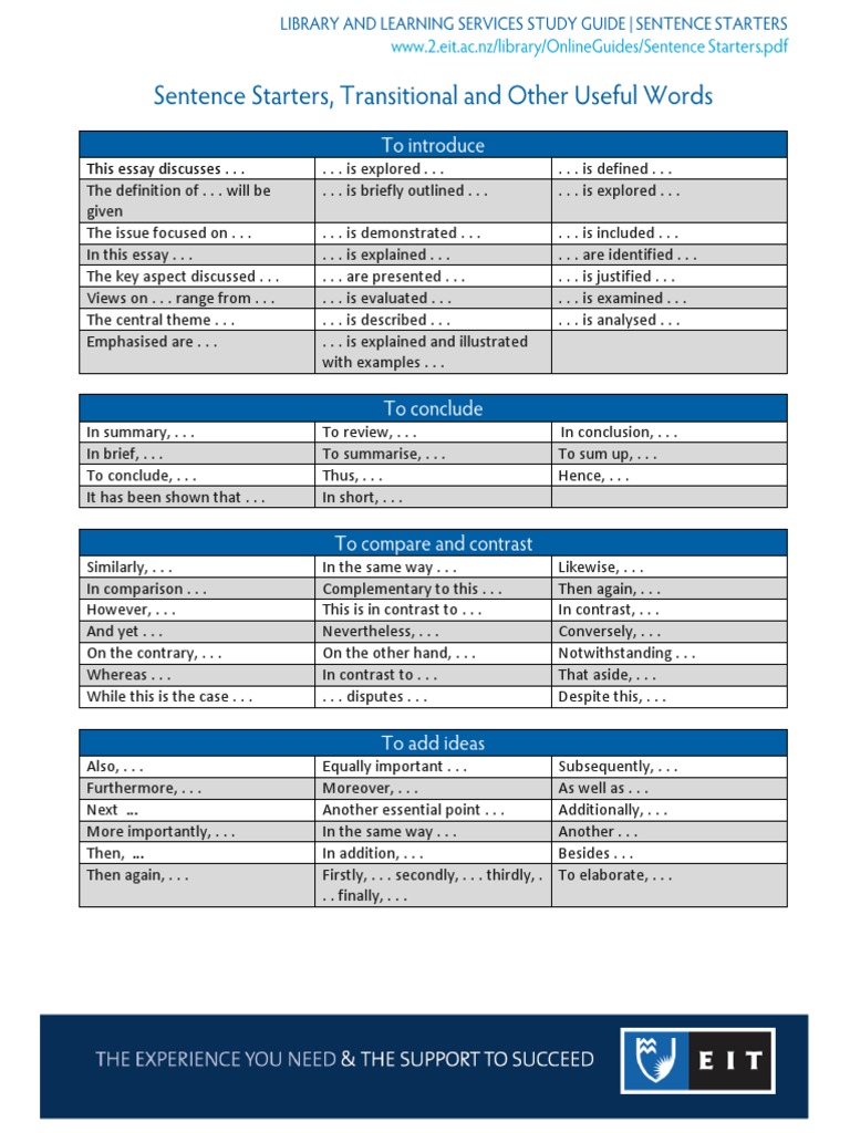 Sentence Starters, Transitional and Other Useful Words | PDF | Essays ...