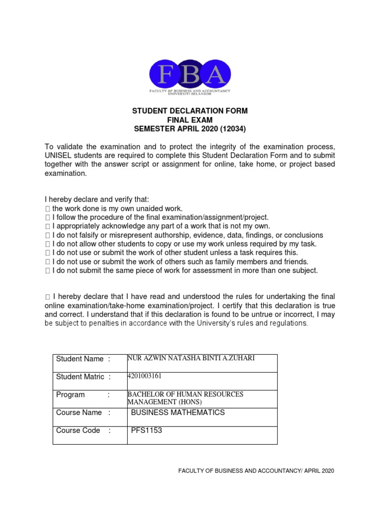 Student Declaration Form Final Exam SEMESTER APRIL 2020 (12034) | PDF ...