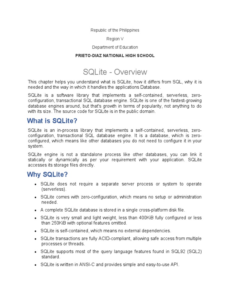 SQLite Chapter 1 | PDF | Databases | Information Technology Management