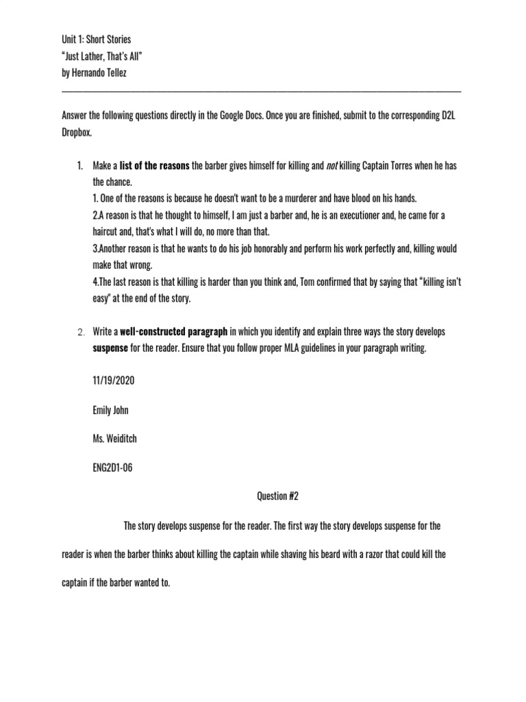 Just Lather, That's All Reading Questions | PDF