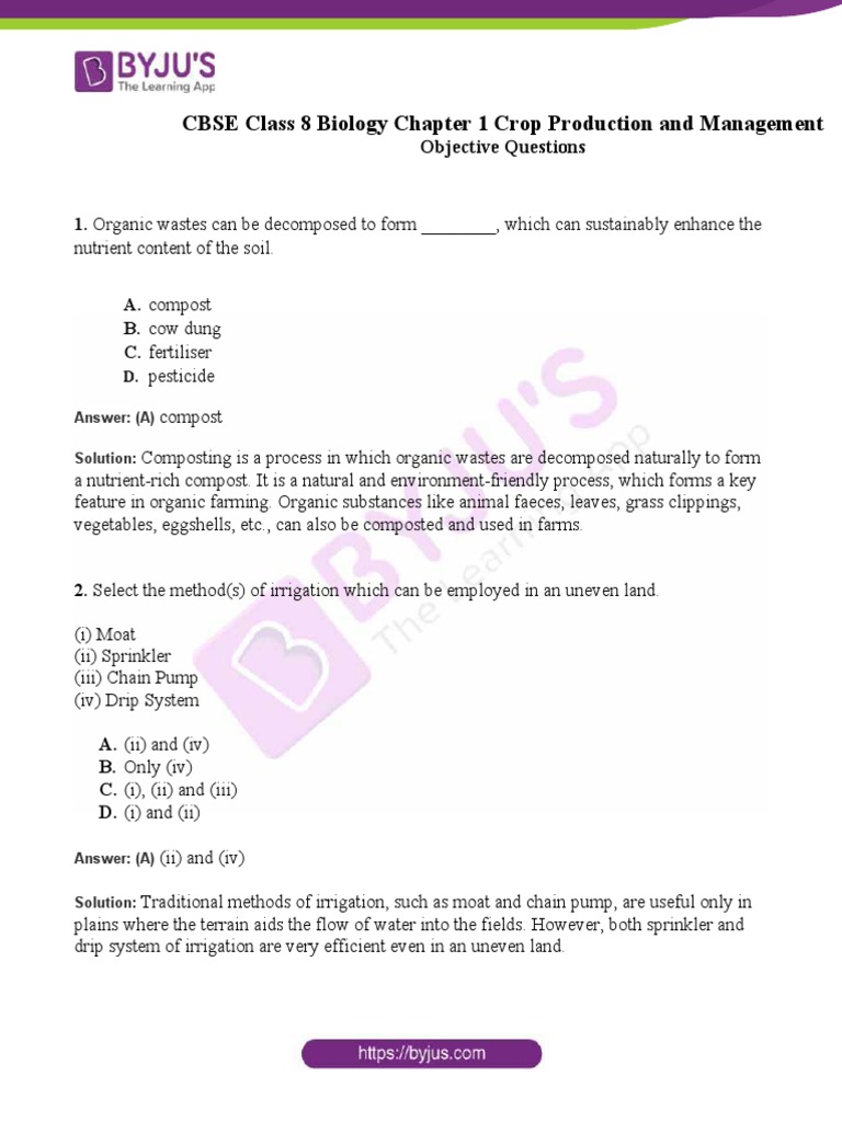 CBSE Class 8 Science Chapter 1 Crop Production and Management Objective ...