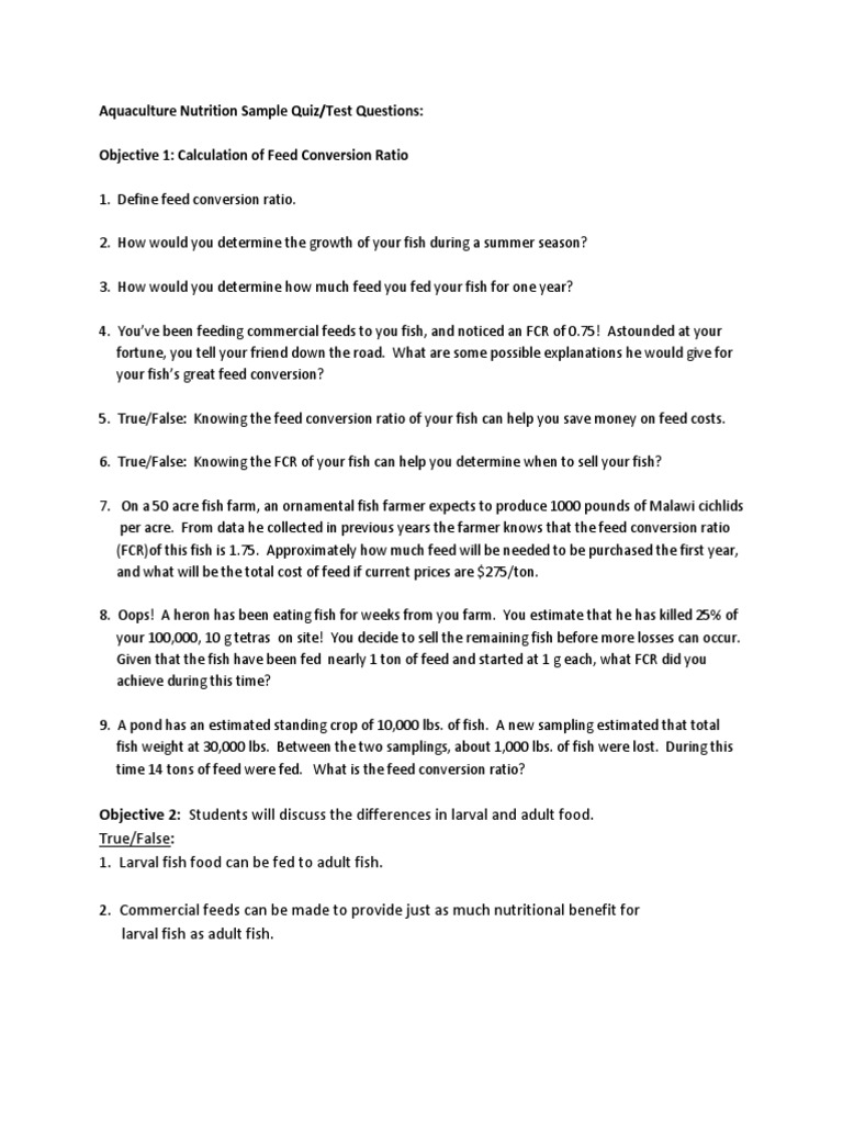 Aquaculture Nutrition Sample Quiz/Test Questions: Objective 1 ...