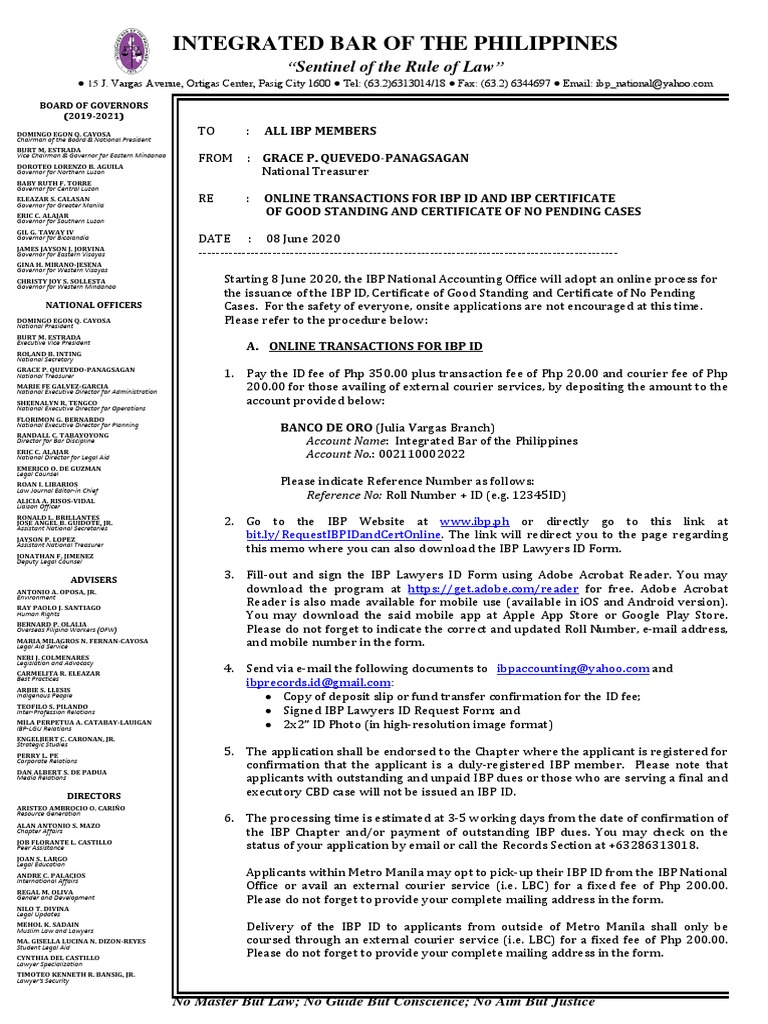 Memo On Online Transactions For IBP ID and IBP Certifications | PDF ...