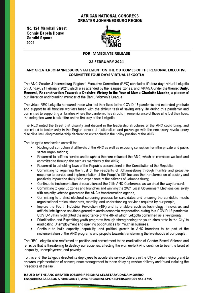 Anc JHB Statement On The Rec Lekgotla 2021 | PDF | African National ...