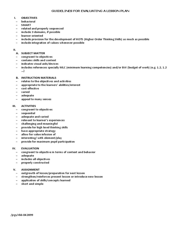 Guidelines For Evaluating A Lesson Plan | PDF | Career & Growth | Computers