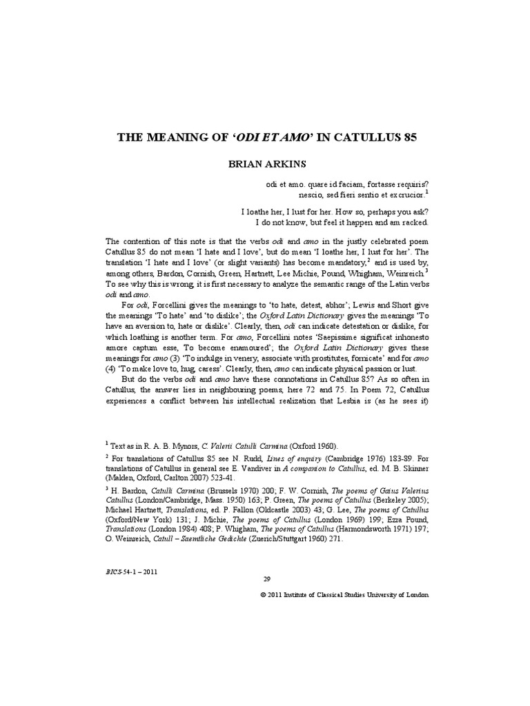 Article ARKINS - The Meaning of 'Odi Et Amo' in Catullus 85 - BICS 54 ...