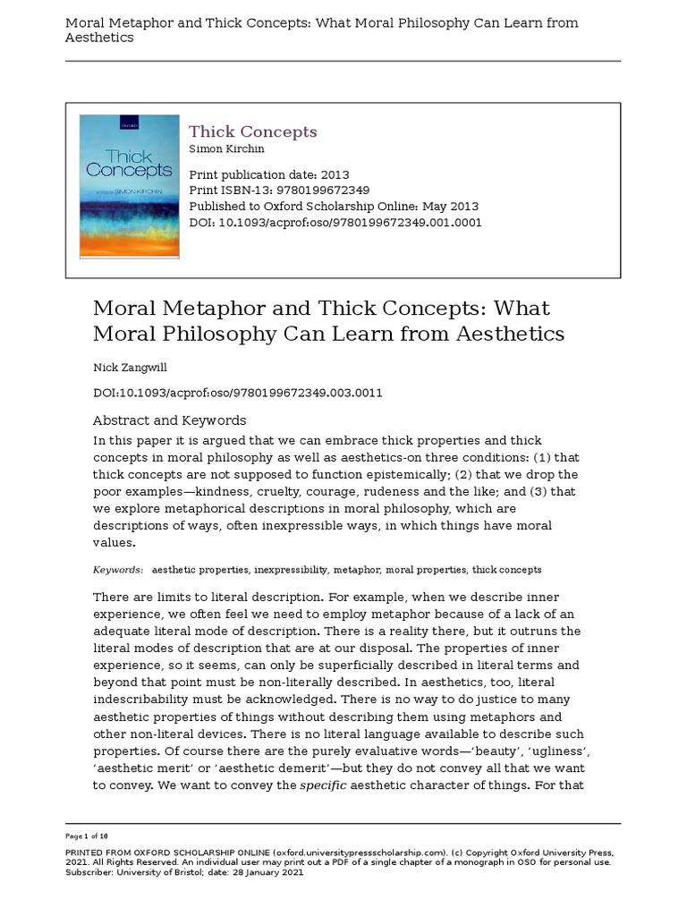 2013 - Zangwill Moral Metaphors and Thick Concepts | PDF | Aesthetics ...