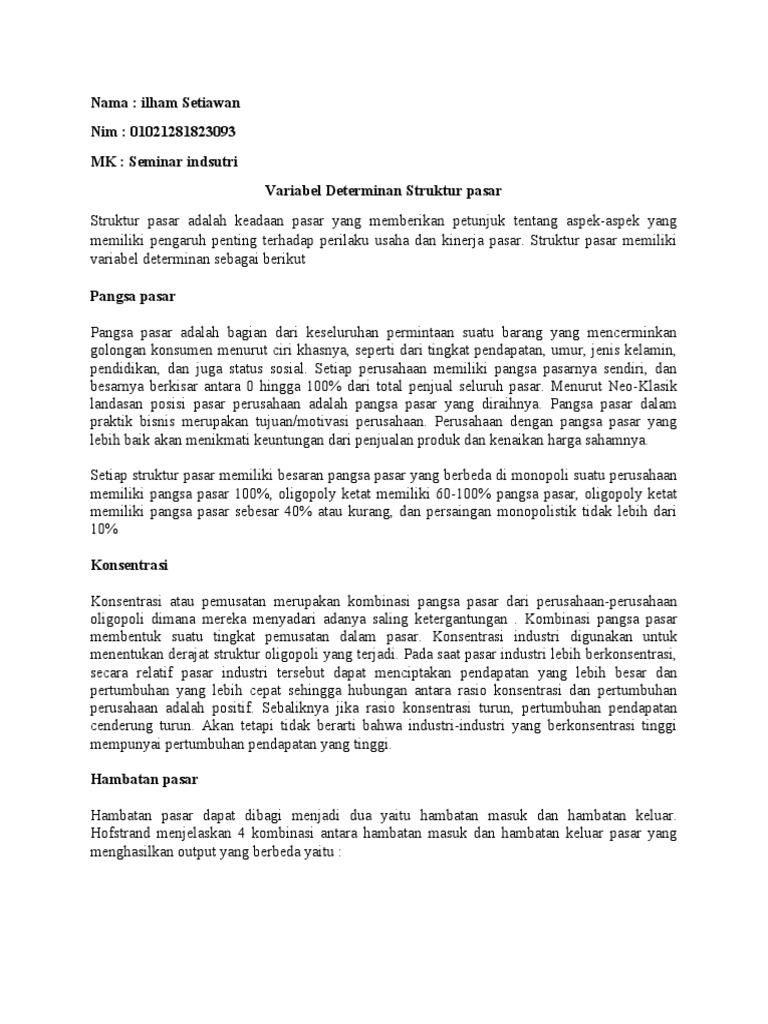 Ilham Setiawan - 01021281823093 - Varibel Determinan Struktur Pasar | PDF